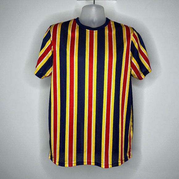 Shirts | Mens Red Yellow Blue And White Striped Pinstripe Mesh Tshirt ...